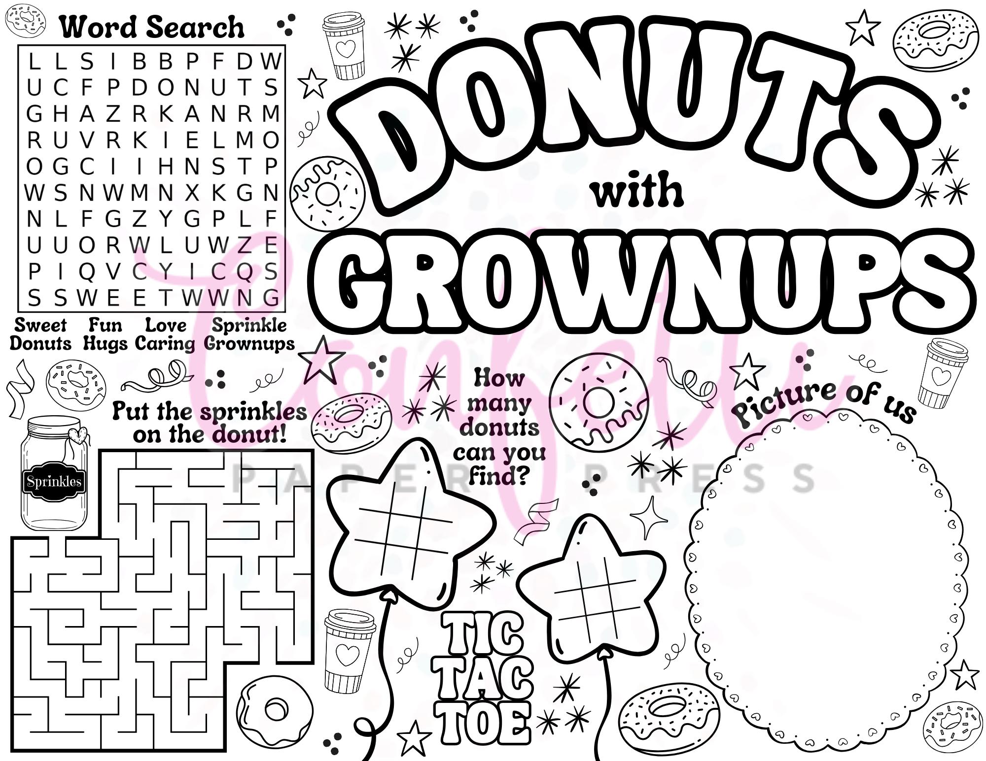 Donuts With Grownups Coloring Page Placemat, Activity Sheet, Parent's ...
