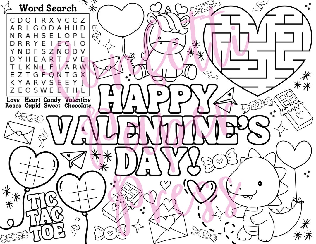 Valentine's Day Coloring Page Placemat, Activity Sheet, DIGITAL ...