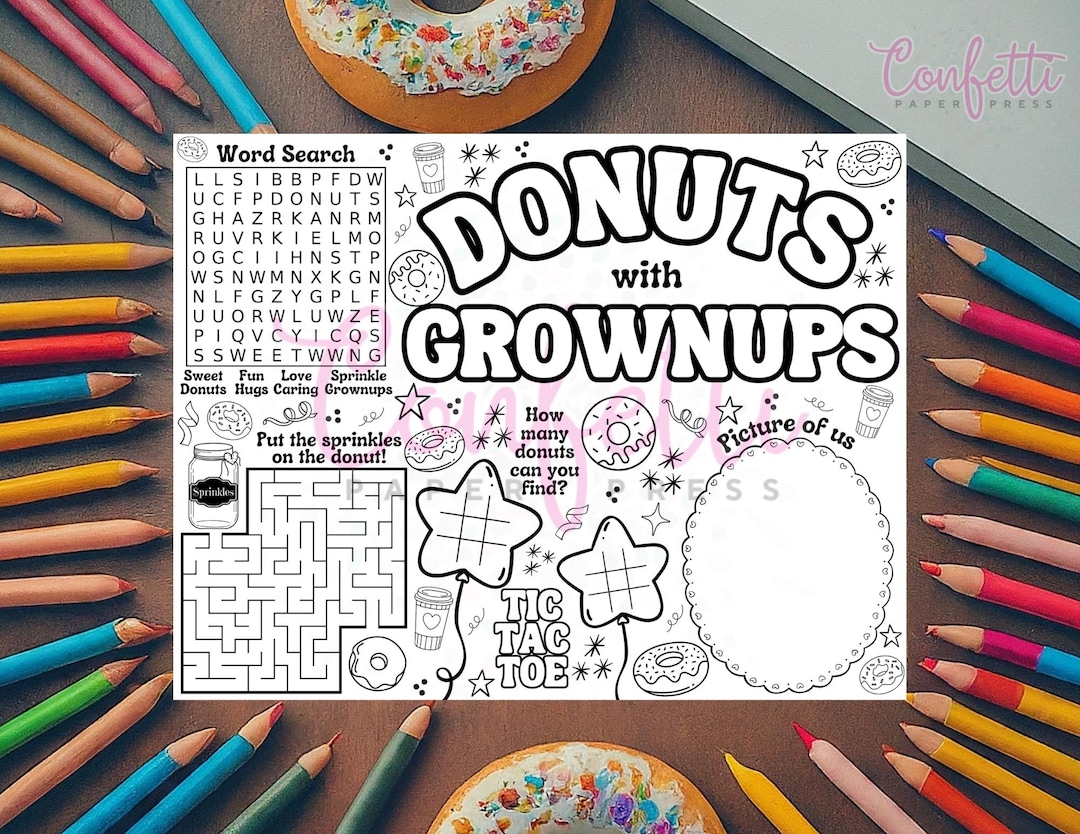 Donuts With Grownups Coloring Page Placemat, Activity Sheet, Parent's ...