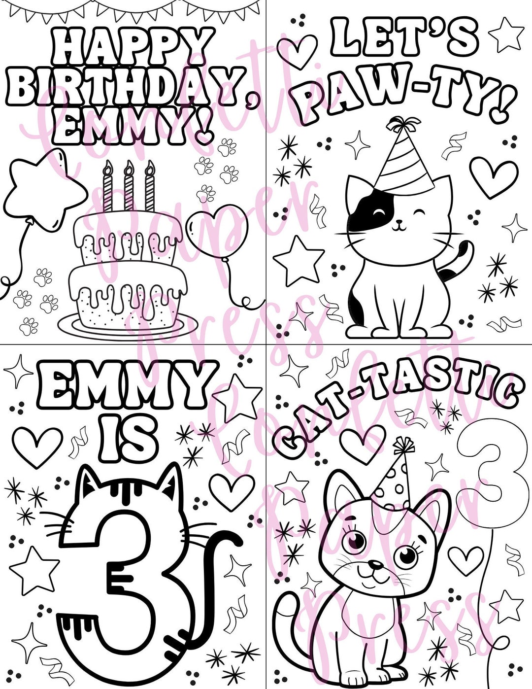 Let's Paw-ty Cat Mini Personalized Birthday Coloring Sheet, Party Favor ...