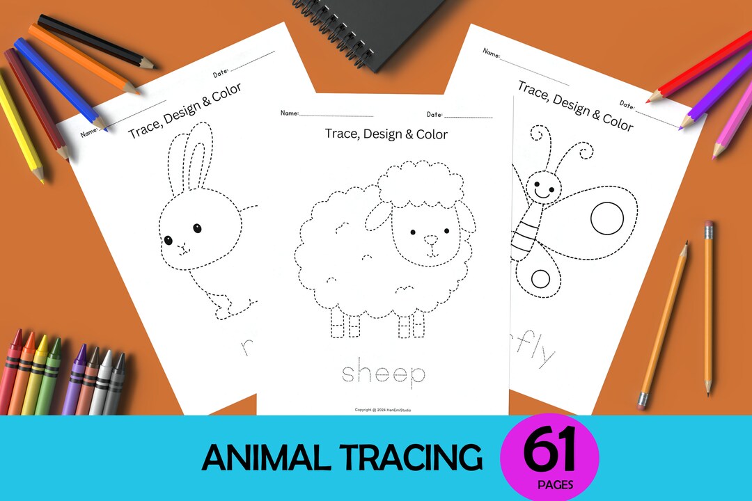 61 Page Animal Tracing Coloring Worksheet for Ages 5-7, Printable ...