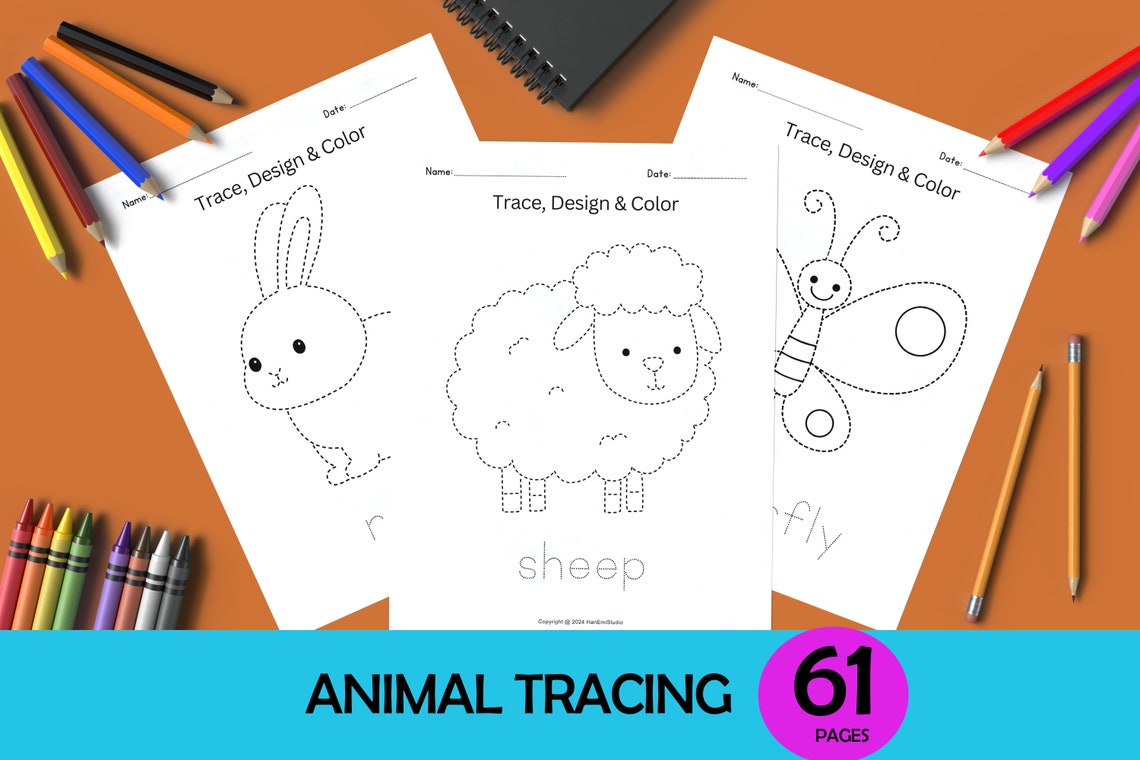 61 Page Animal Tracing Coloring Worksheet for Ages 5-7, Printable ...