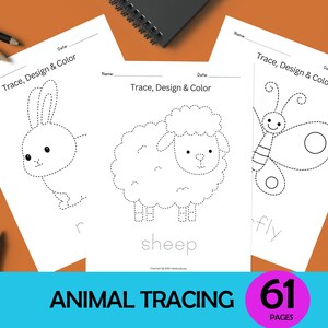 61 Page Animal Tracing Coloring Worksheet for Ages 5-7, Printable ...