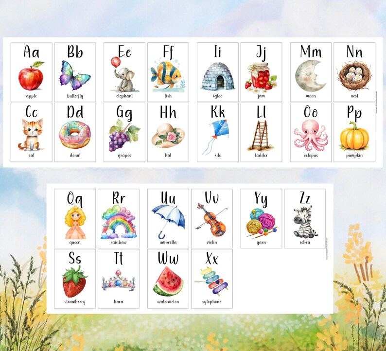 26 Alphabet Flashcards for Kids; Kids Learning Flash Cards; Watercolor ...