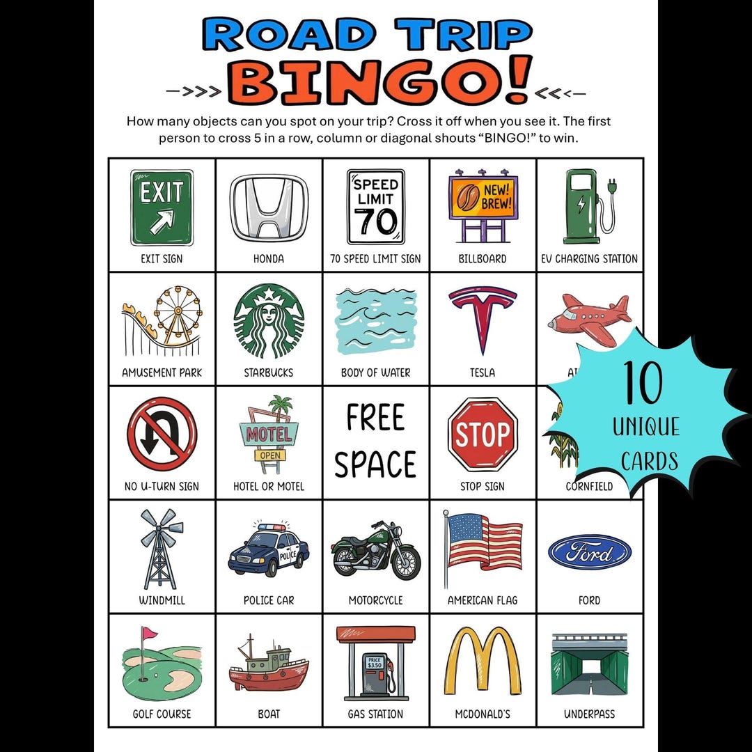 Road Trip Bingo Printable Game; 10 Unique Cards; Kids Travel Activity ...