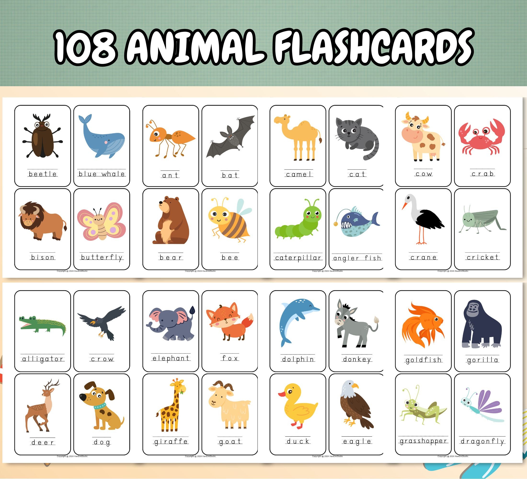 108 Animal Flashcards for Kids, Kids Learning Flash Cards, Preschool ...