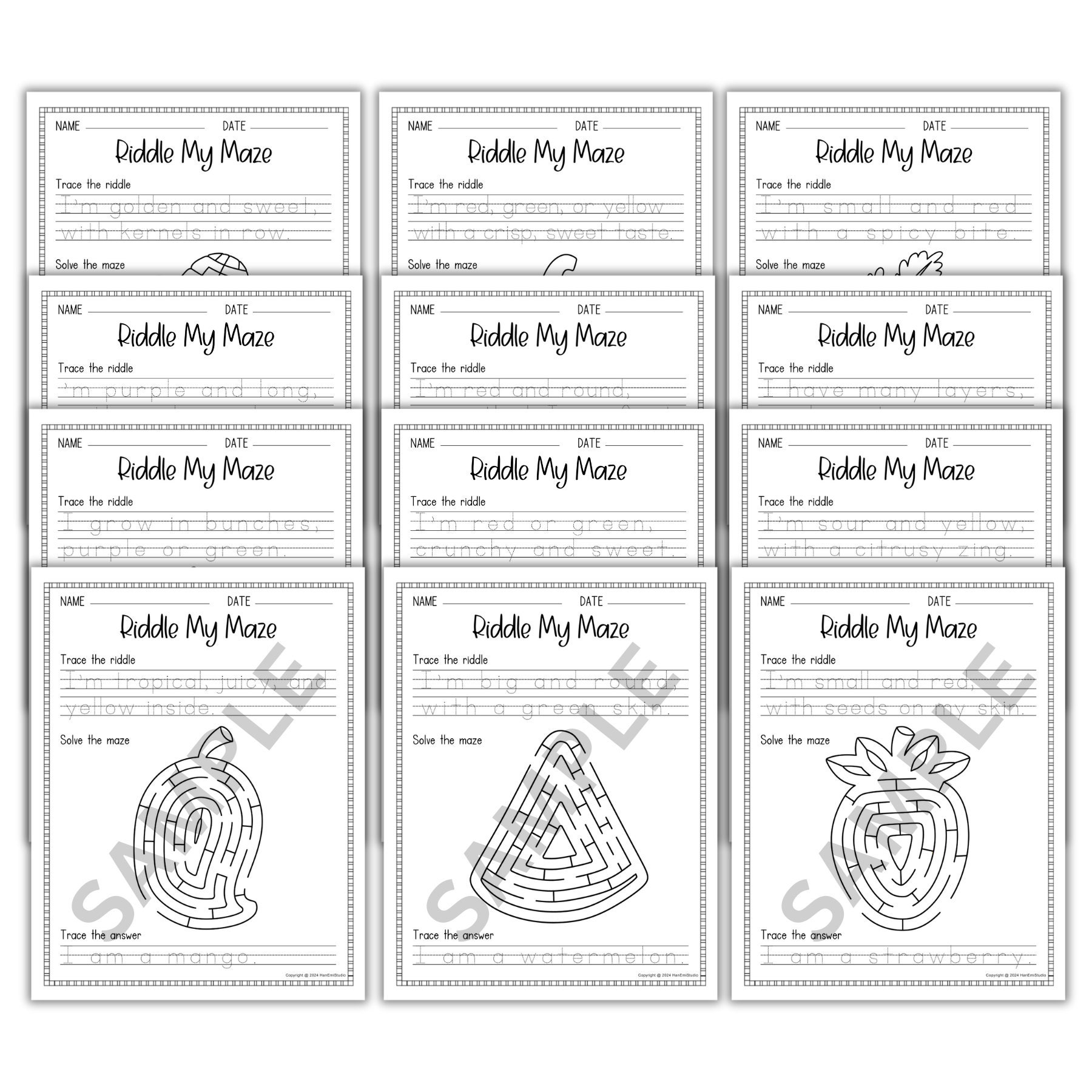 Riddle Tracing and Maze Game for Kids; Fruits and Vegetable Theme ...