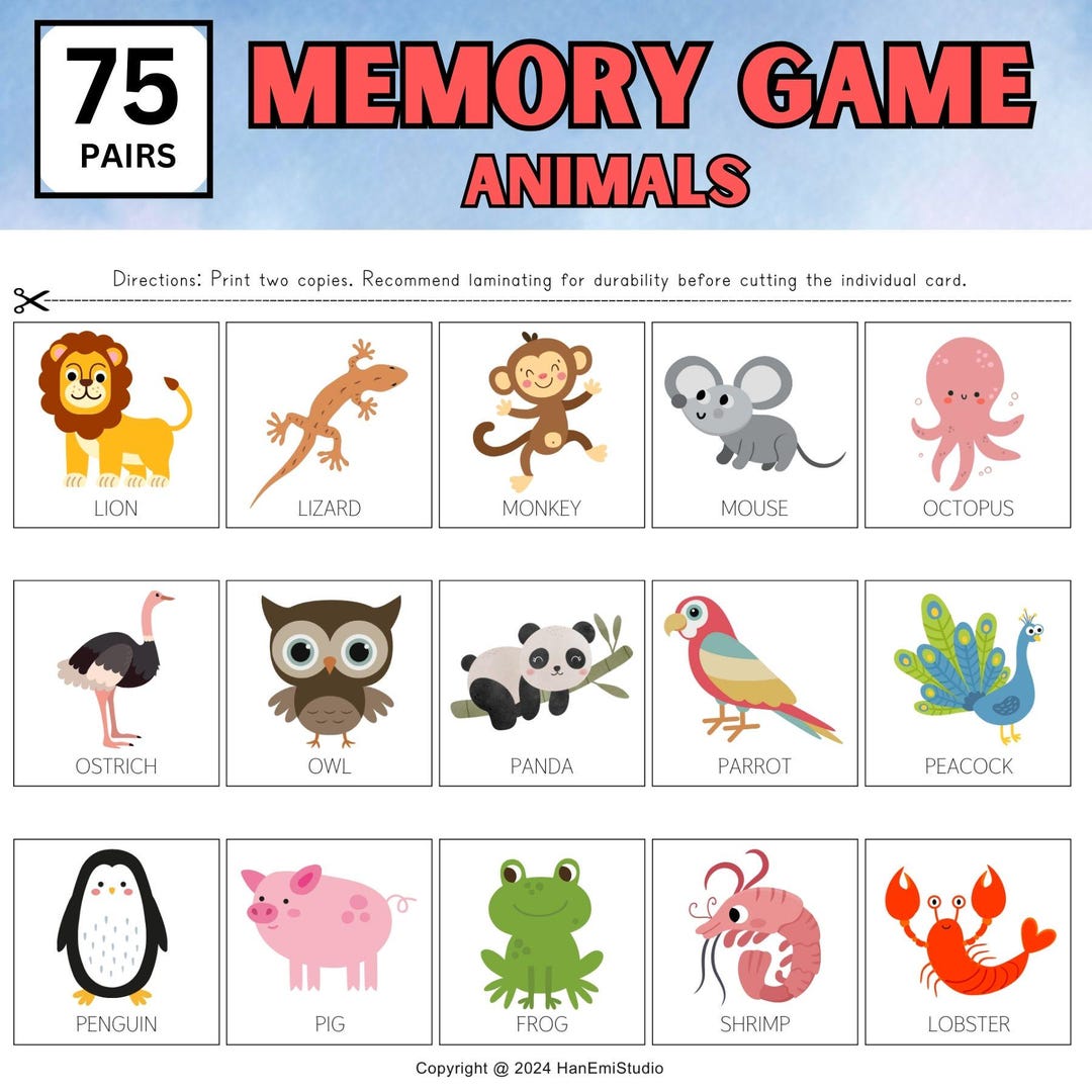 75 Pairs Animal Memory Game; Preschool Learning Game; Cognitive Game ...