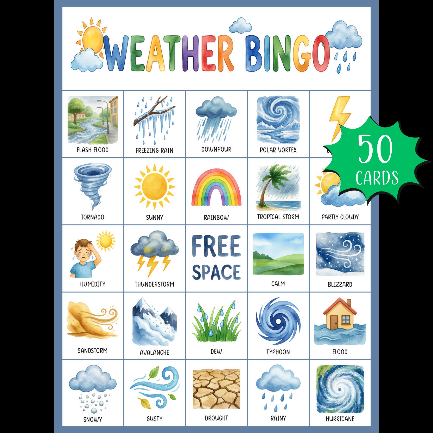 Weather Bingo Game Printable; Kids Science Activity; Classroom Party ...
