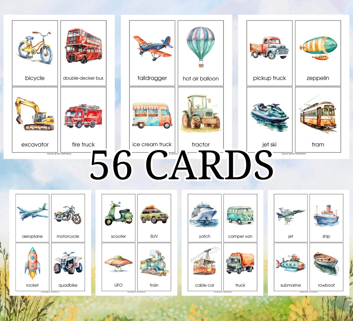 56 Transportation Vocabulary Flashcards for Kids; Kids Learning Flash ...