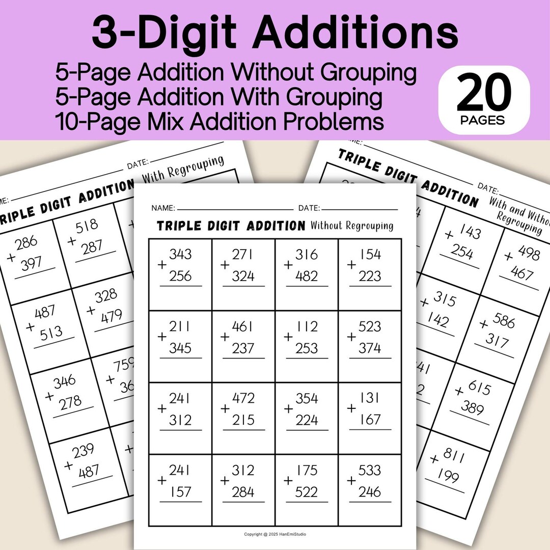 Triple Digit Addition Worksheet With and Without Regrouping; 3-digit ...