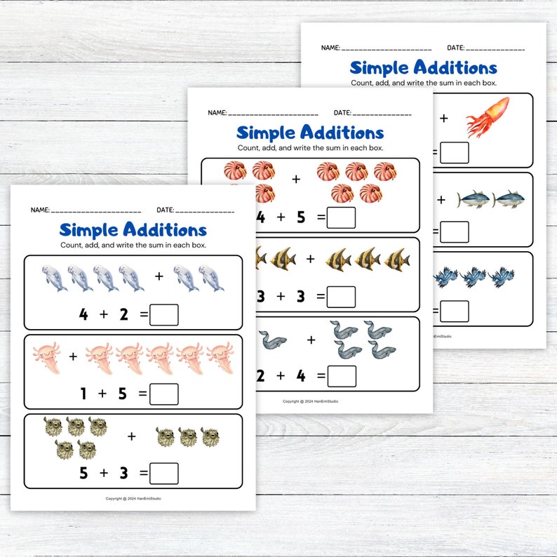Sea Animal Simple Addition Worksheets for Preschoolers and ...