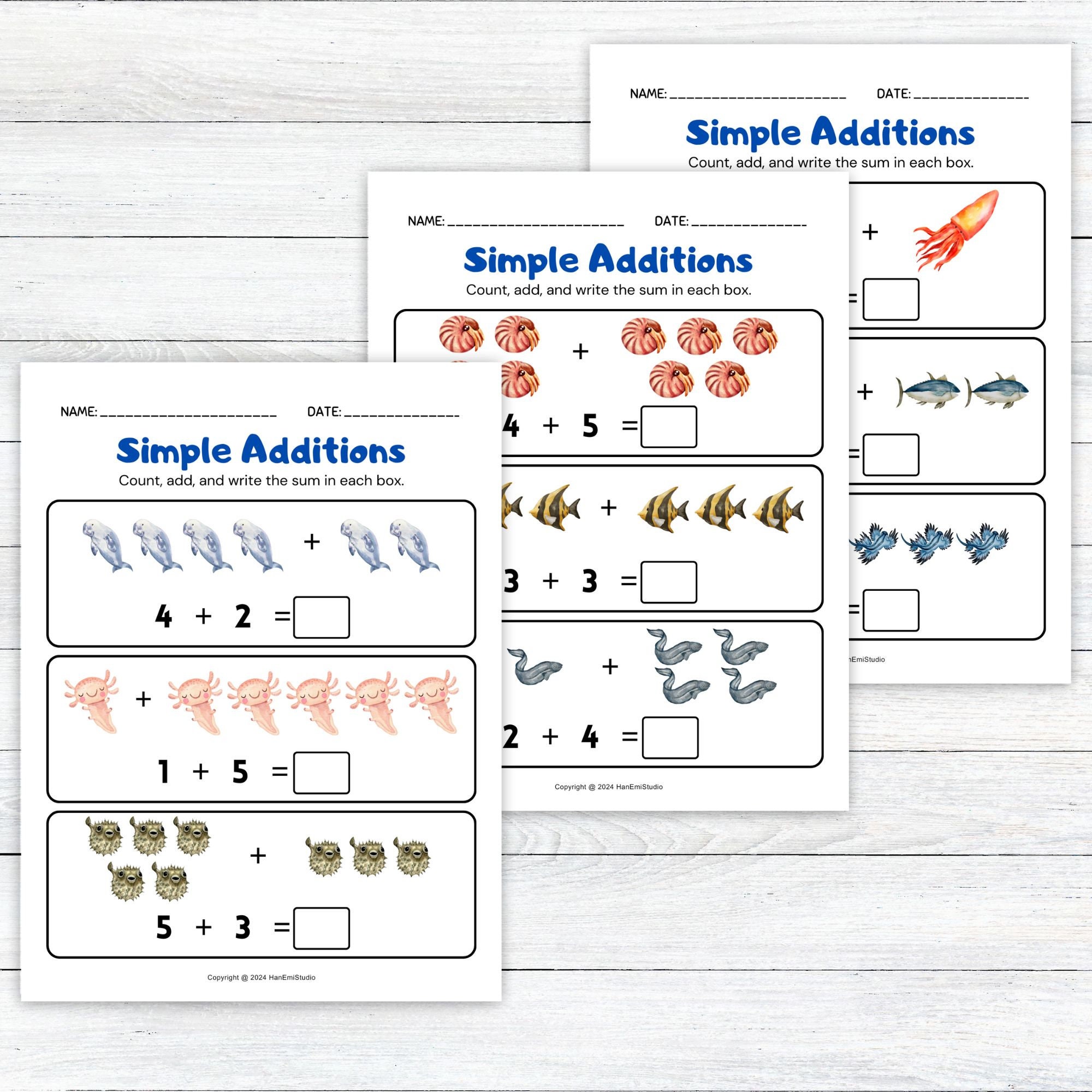 Sea Animal Simple Addition Worksheets for Preschoolers and ...