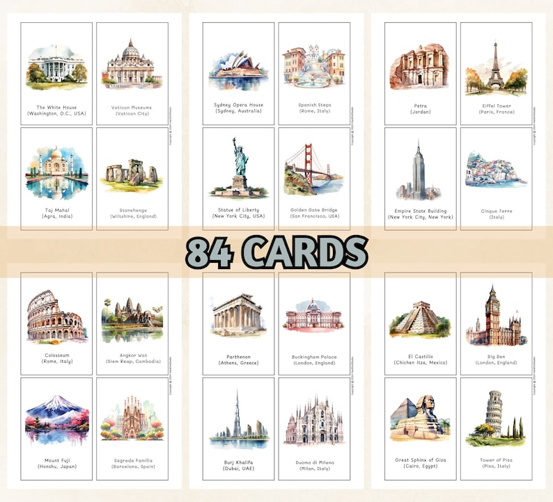 84 World Famous Landmarks Flashcards, Famous Places, Printable ...