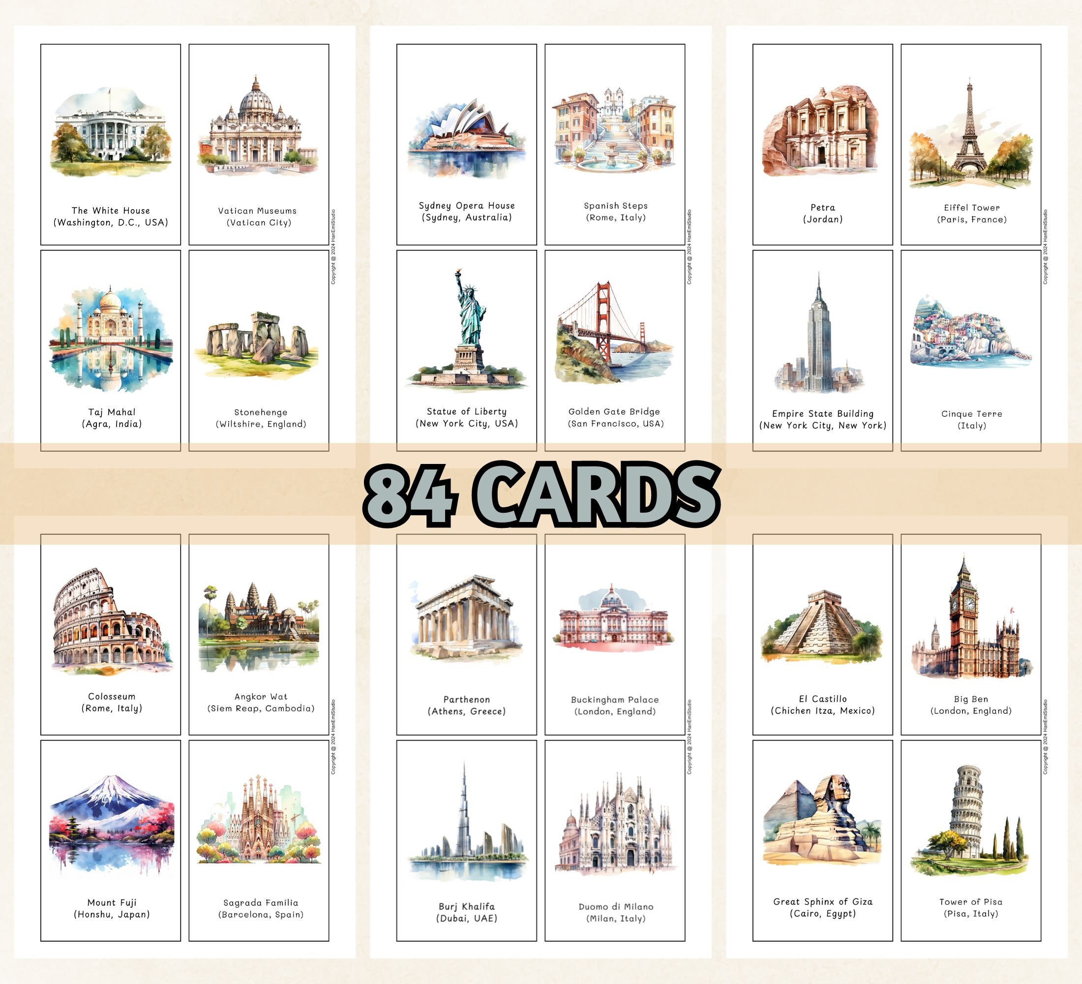 84 World Famous Landmarks Flashcards, Famous Places, Printable ...