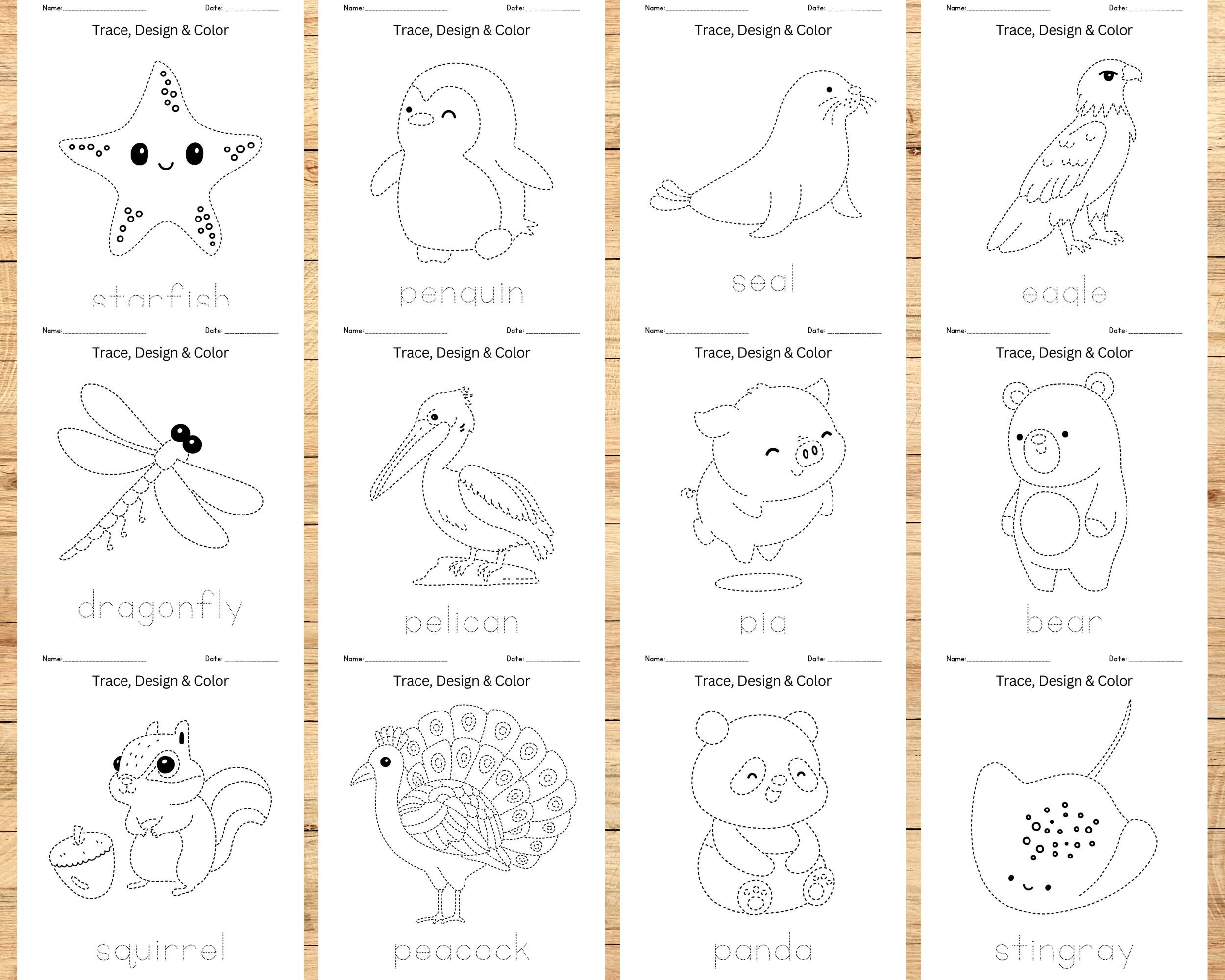 61 Page Animal Tracing Coloring Worksheet for Ages 5-7, Printable ...