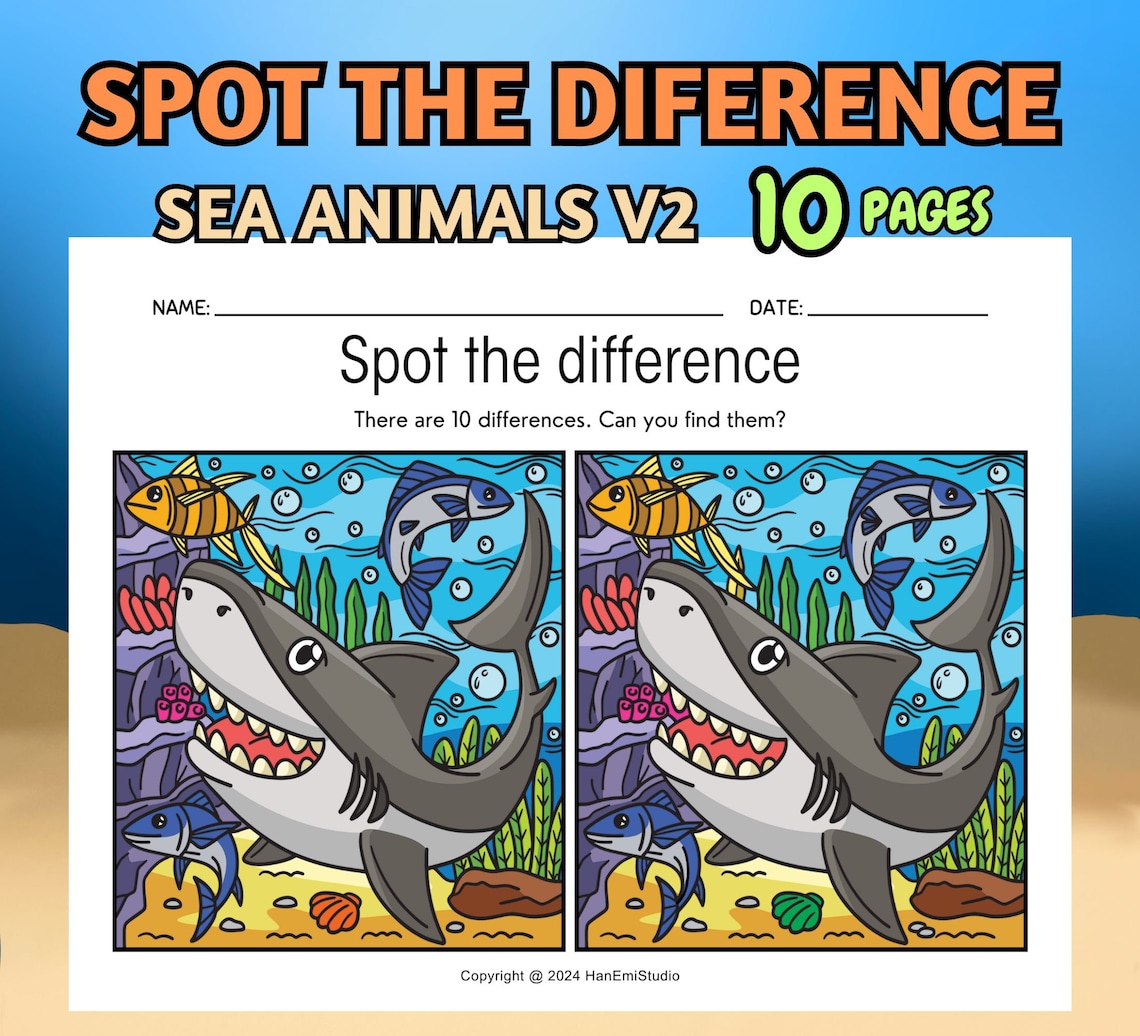 10 Sea Animal Spot the Difference Worksheets Difficult Version for Kids ...