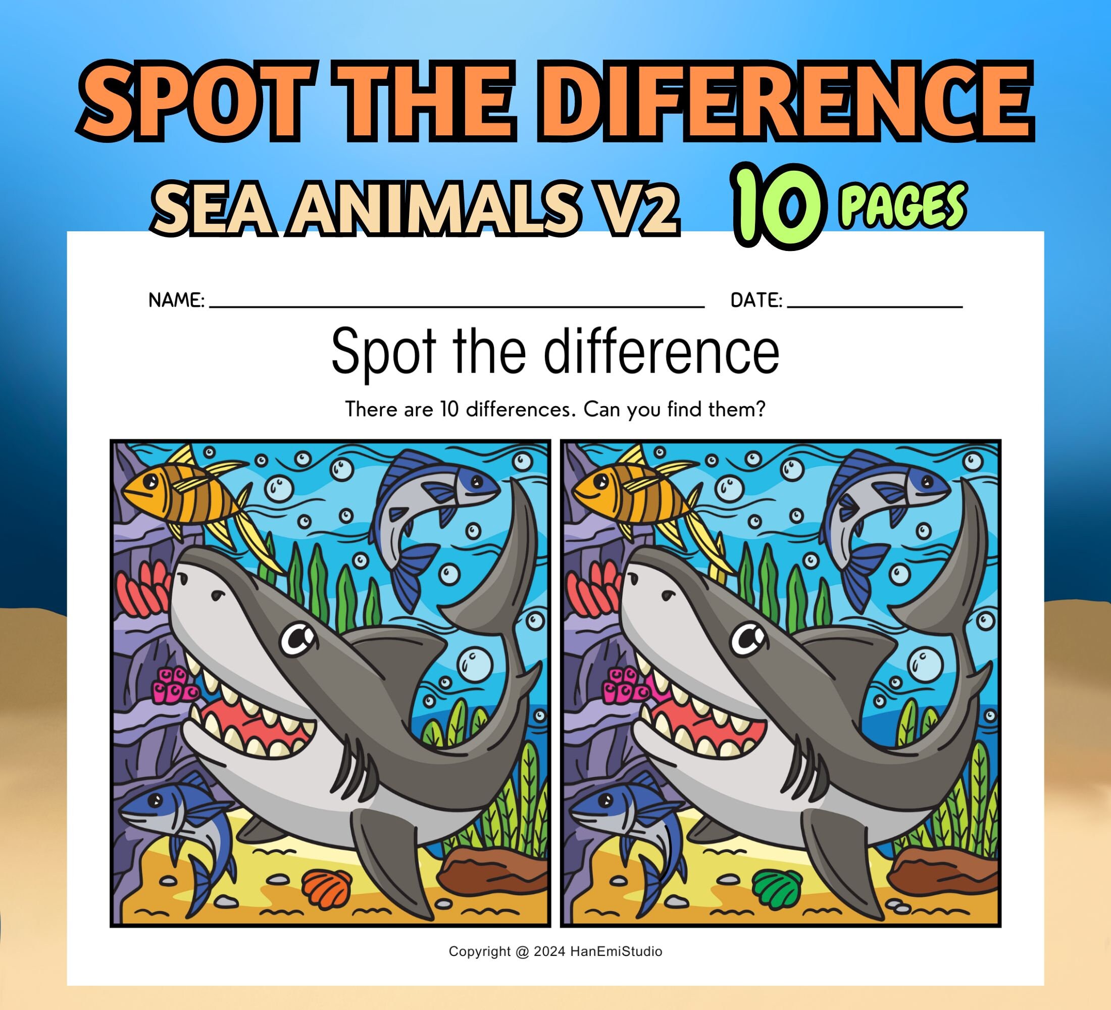 10 Sea Animal Spot the Difference Worksheets Difficult Version for Kids ...