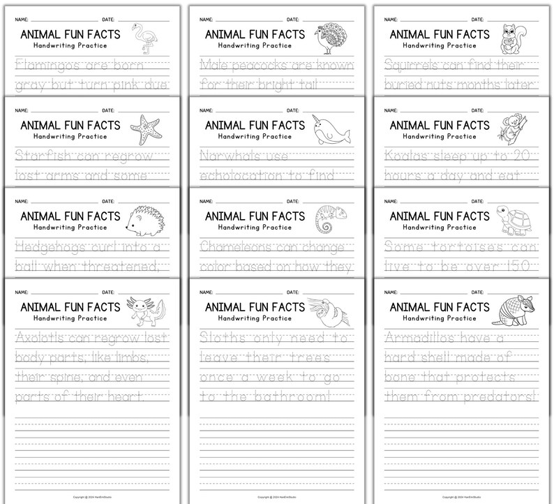 45 Page Animal Fun Facts Handwriting Worksheets Handwriting Practice ...