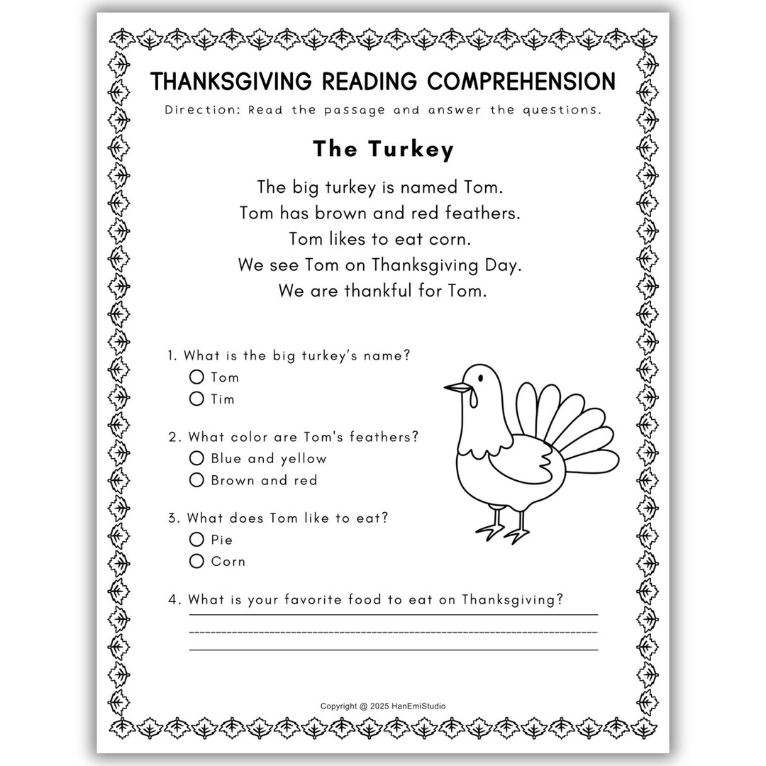 Thanksgiving Reading Comprehension Worksheets; First Grade Reading ...