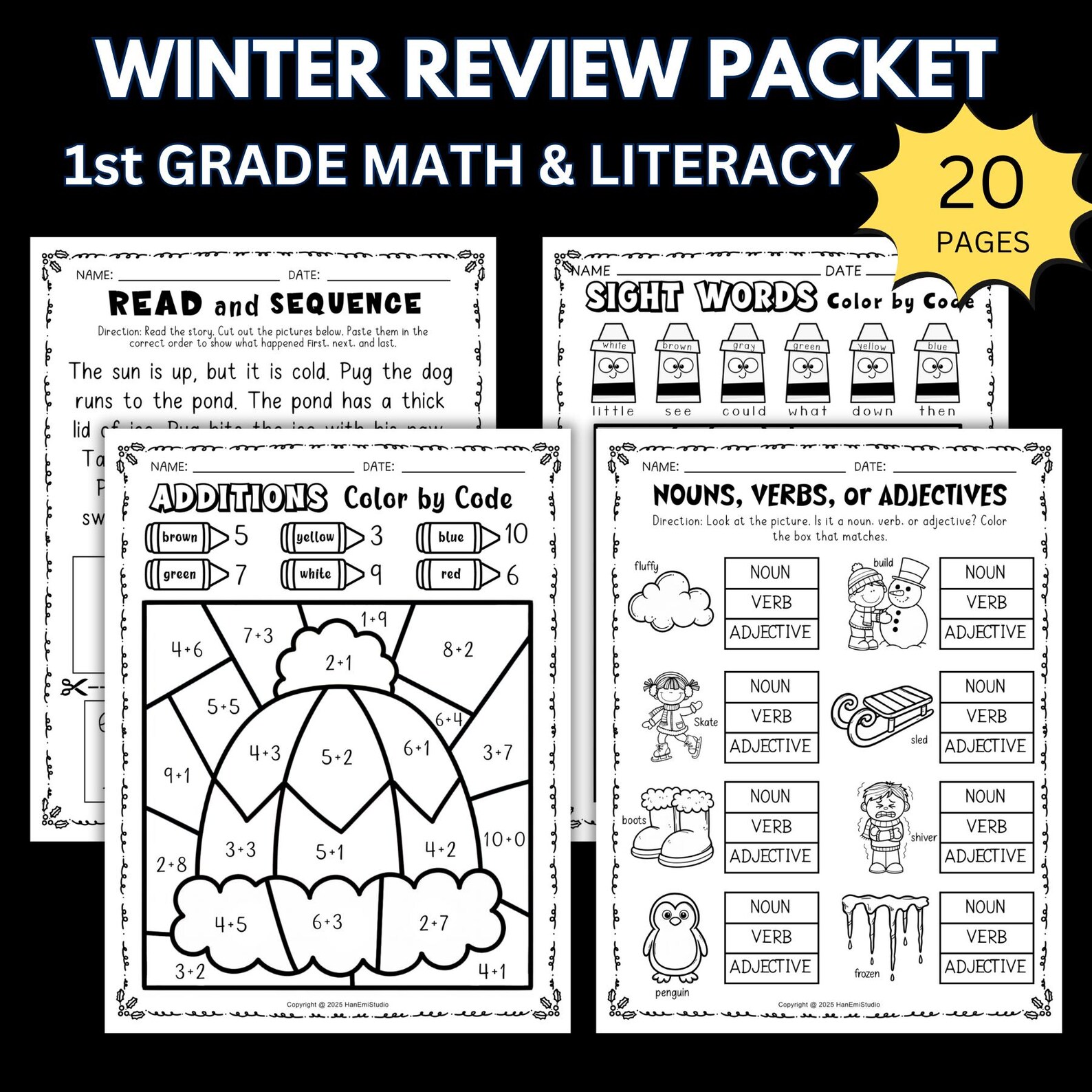 First Grade Winter Review Packet; First Grade Math Worksheets; ELA ...