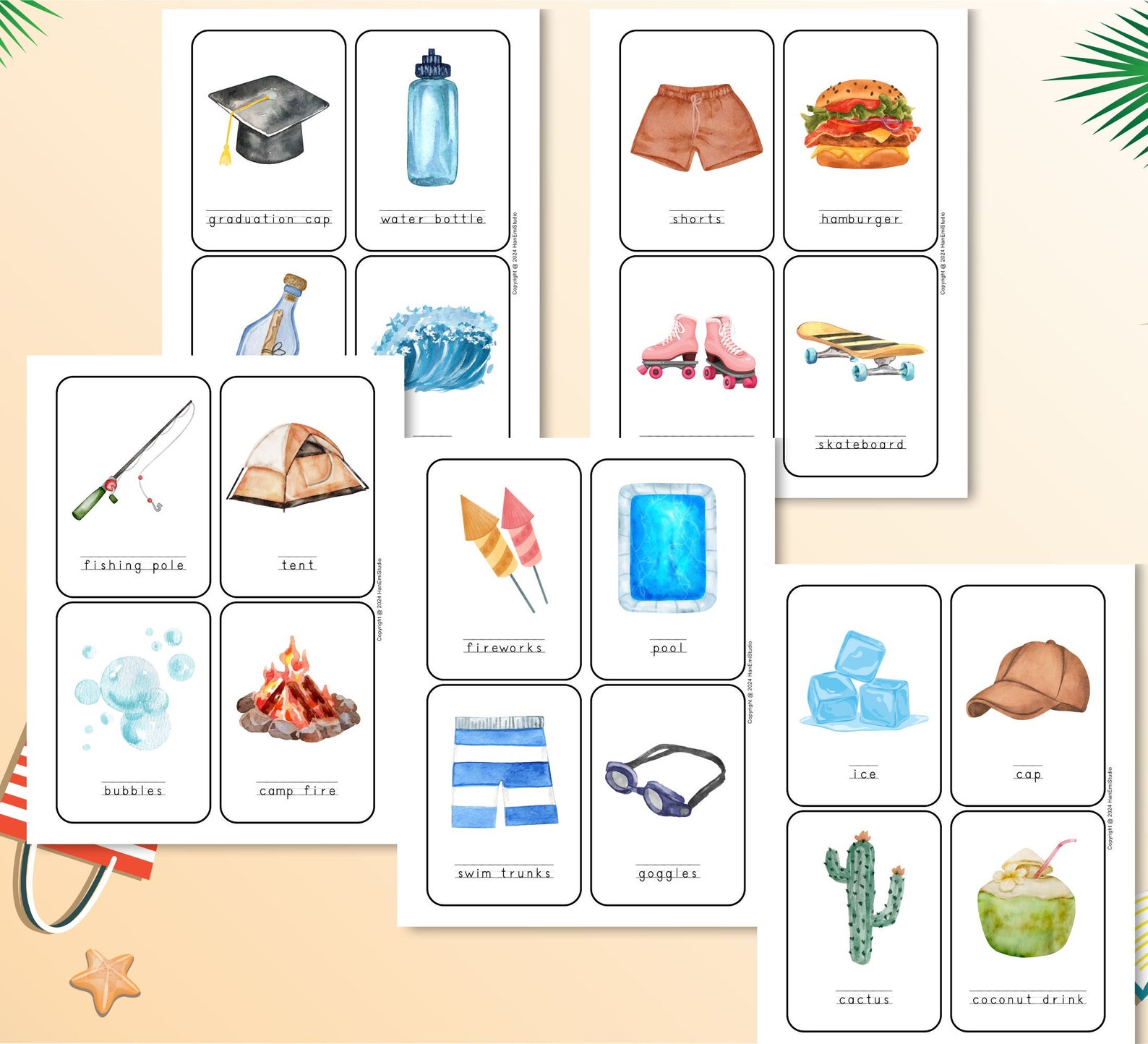 68 Watercolor Summer Vocabulary Flashcards for Kids, Kids Learning ...