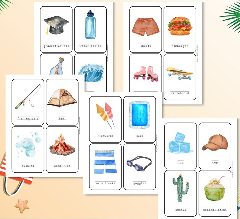 68 Watercolor Summer Vocabulary Flashcards for Kids, Kids Learning ...