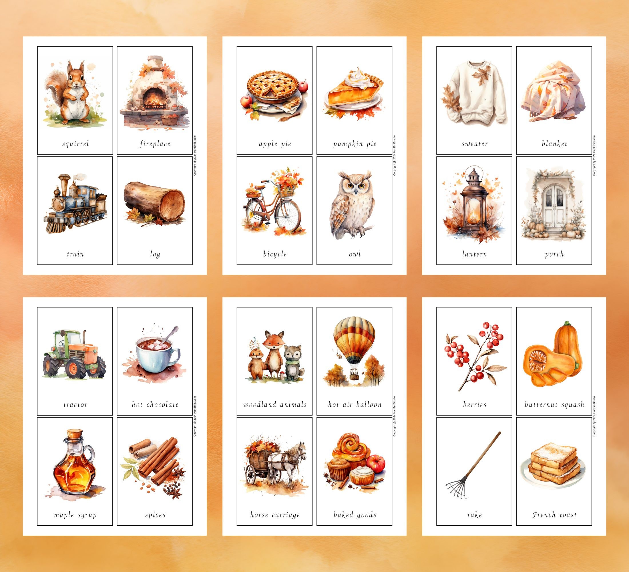 60 Watercolor Fall Vocabulary Flashcards for Kids; Kids Flashcards ...