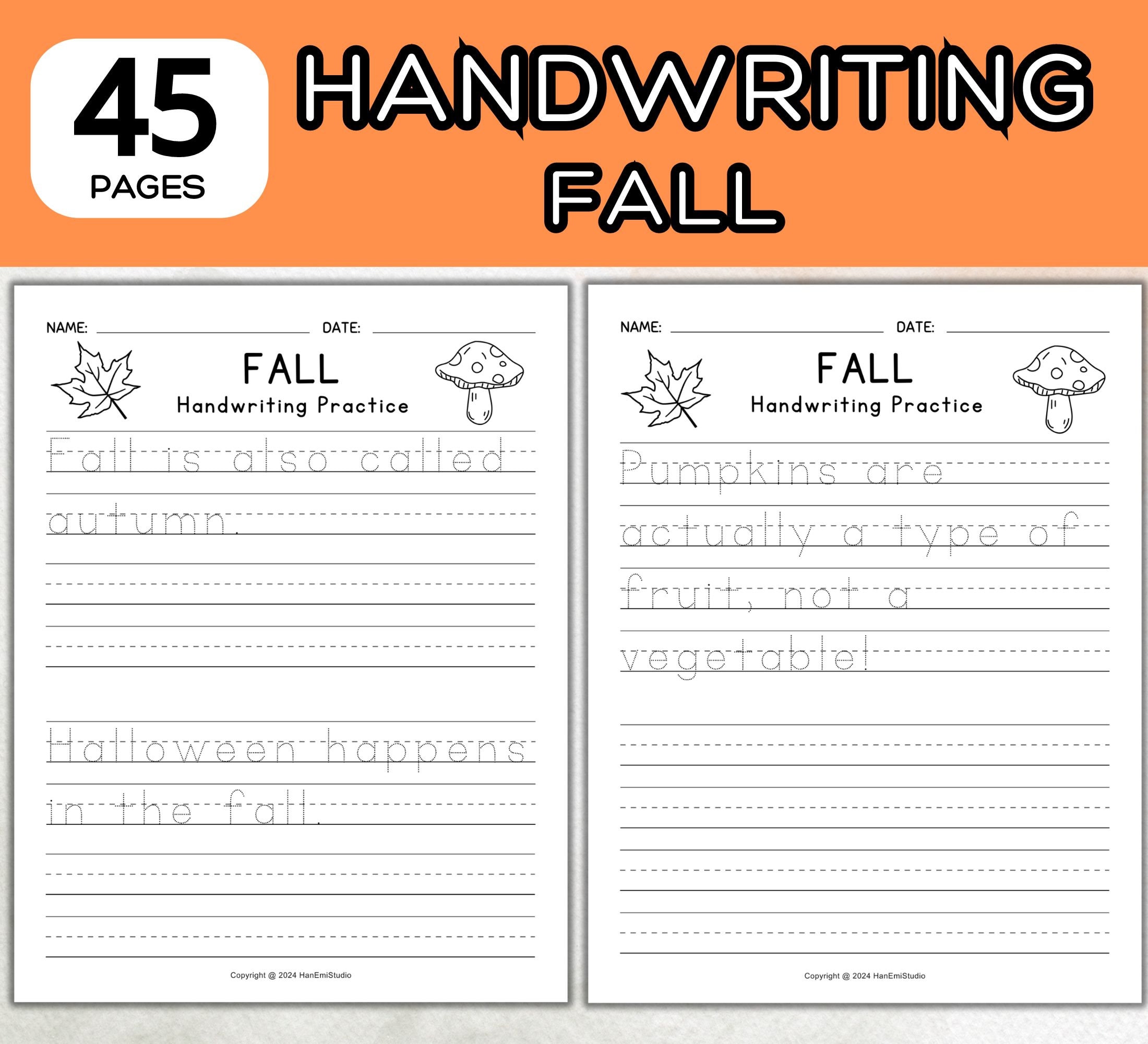 45 Page Fall Handwriting Worksheets; Handwriting Practice for ...