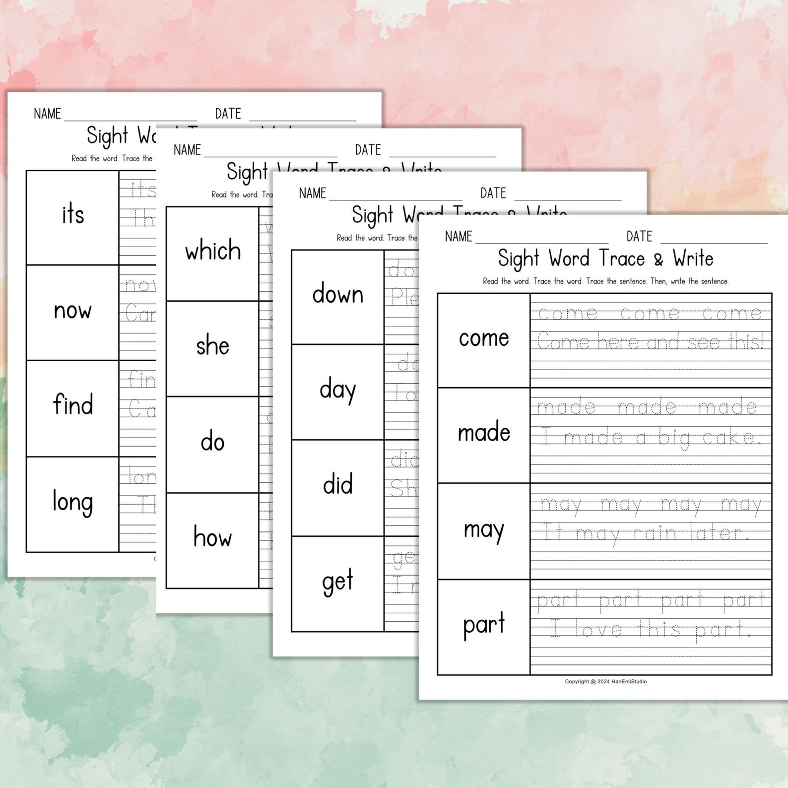 First 100 Sight Word Trace and Write Worksheet; Handwriting Practice ...