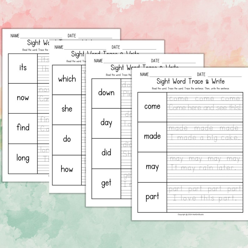 First 100 Sight Word Trace and Write Worksheet; Handwriting Practice ...