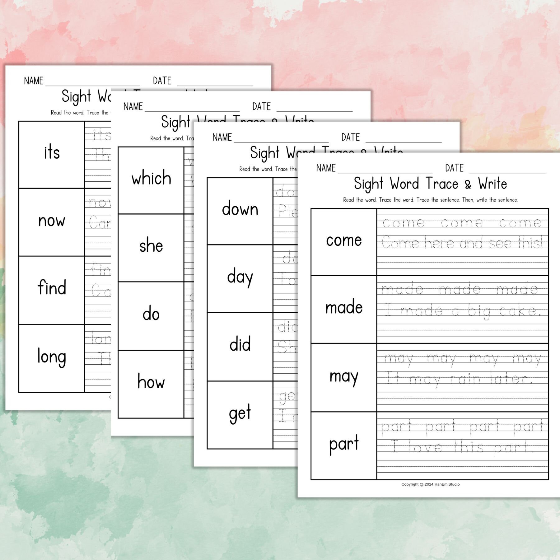 First 100 Sight Word Trace and Write Worksheet; Handwriting Practice ...