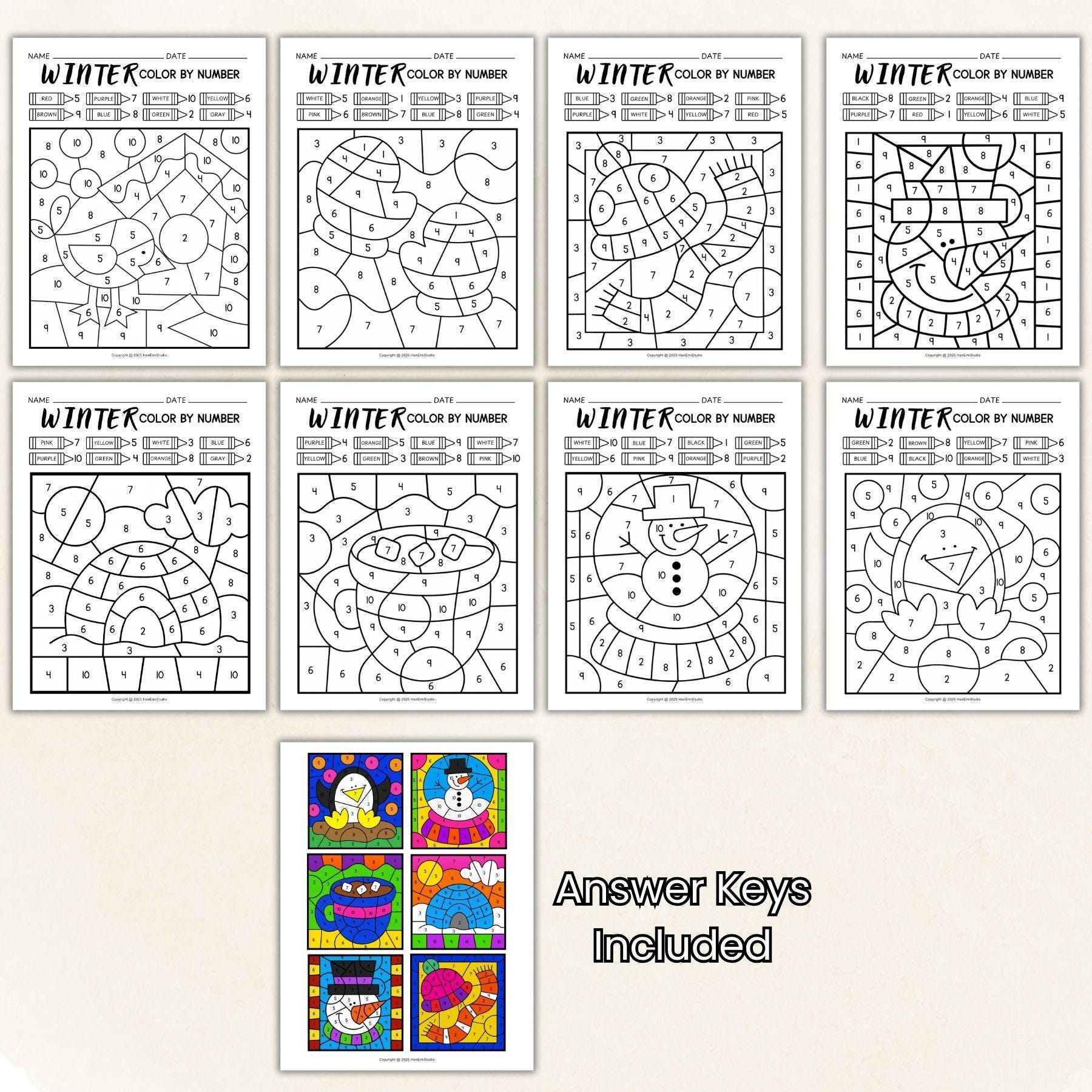 Winter Color by Number (1 – 10); 8 Printable Pages; Coloring Page for ...
