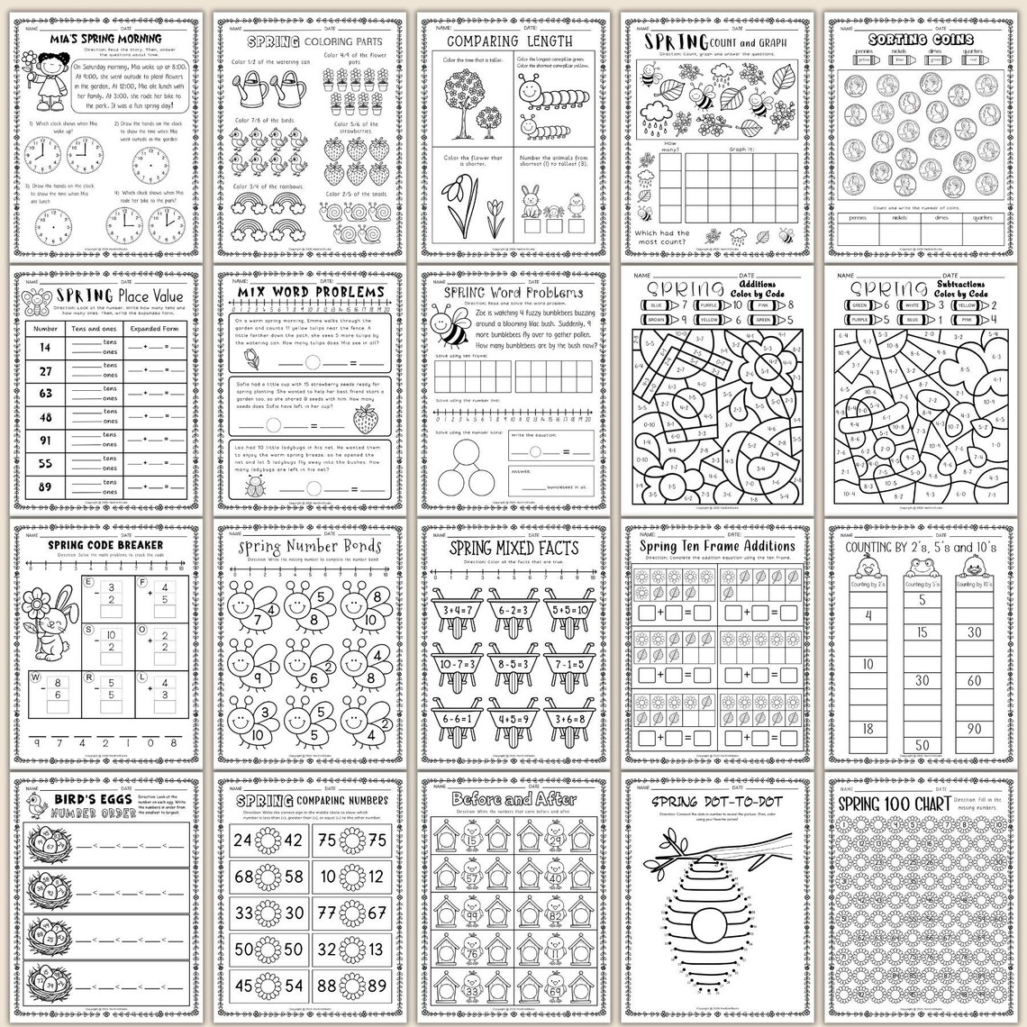 Spring First Grade Math Bundle Printable; 1st Grade Math Review Packet ...