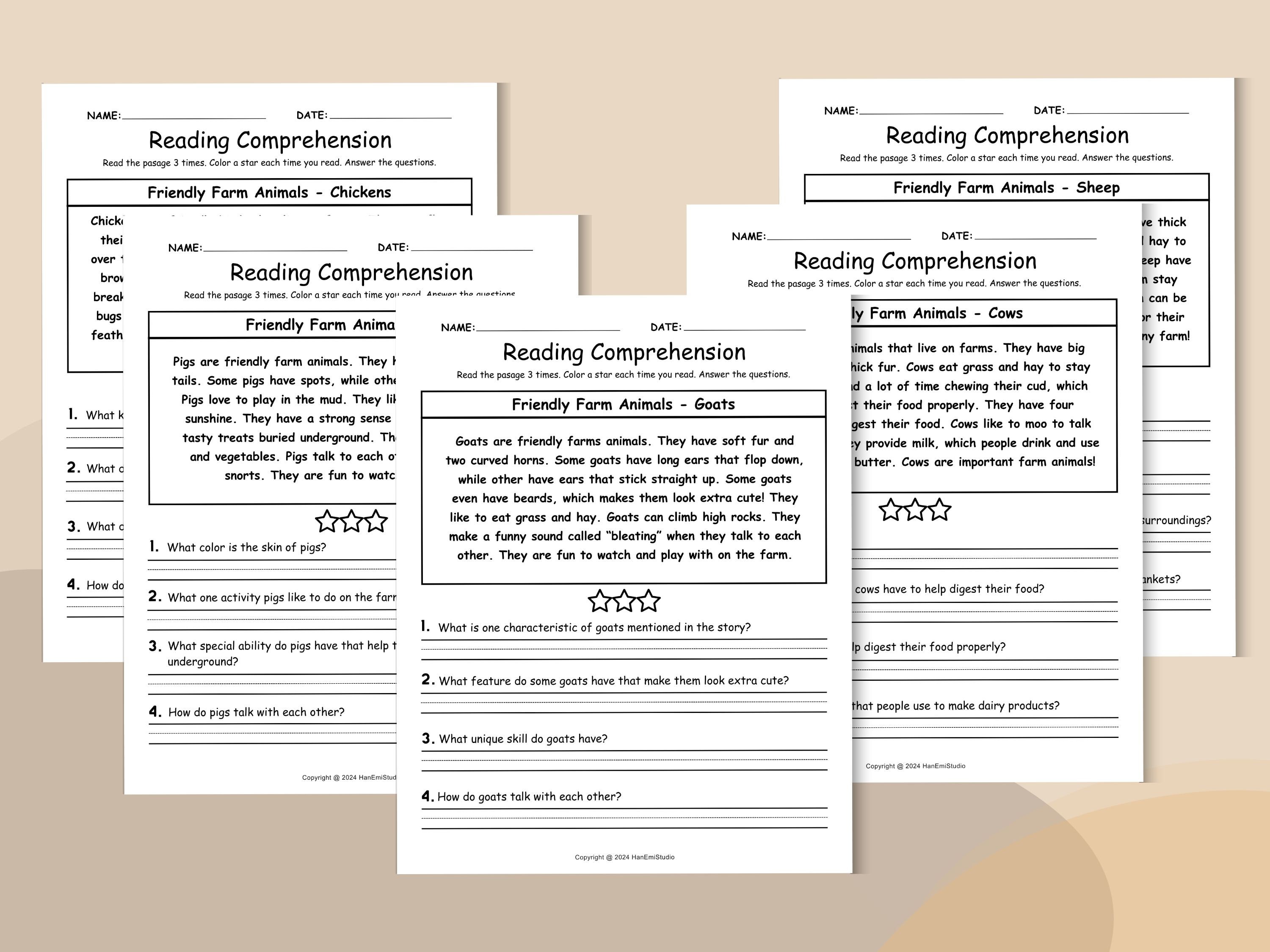 10 Reading Comprehension Worksheets About Friendly Farm Animals for ...