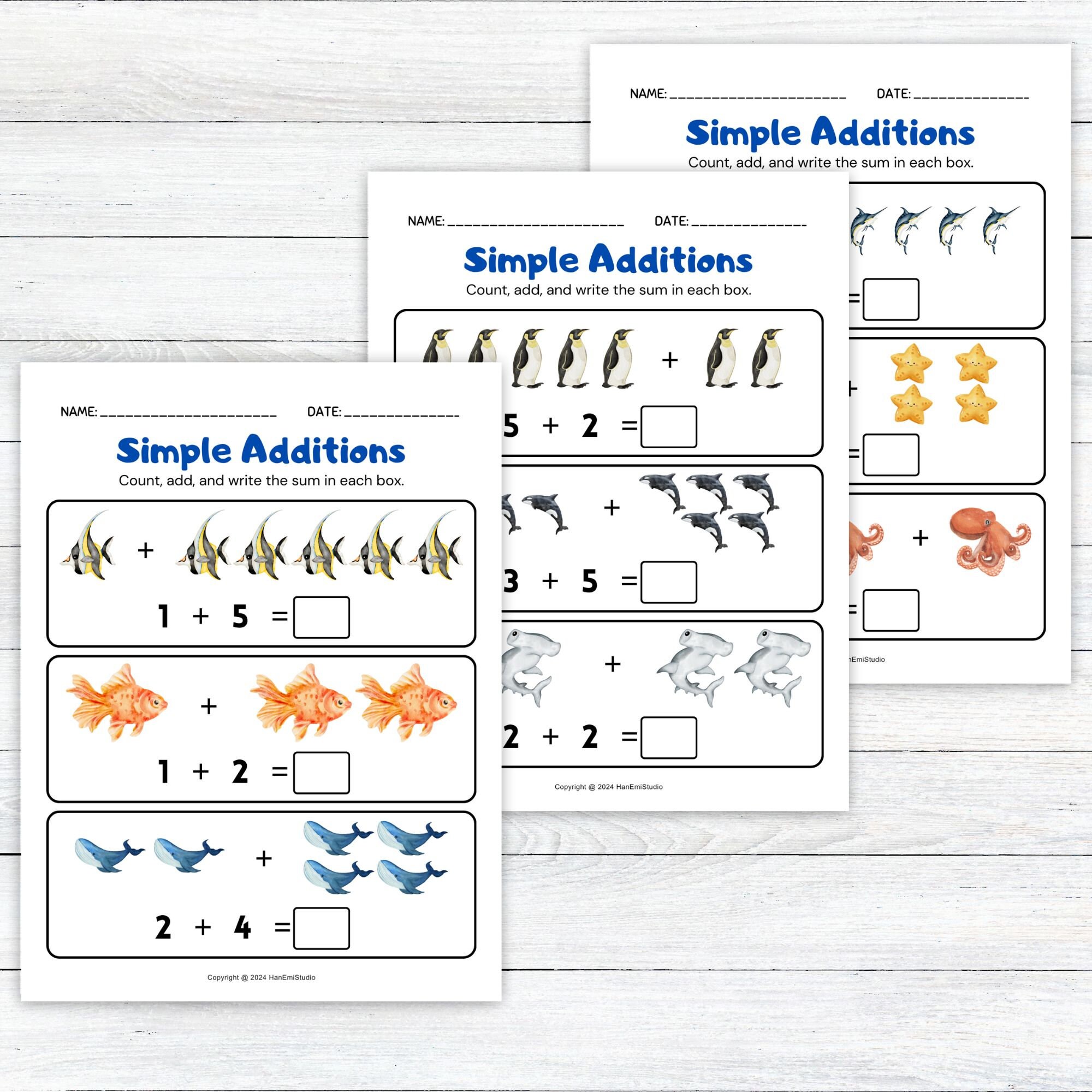 Sea Animal Simple Addition Worksheets for Preschoolers and ...