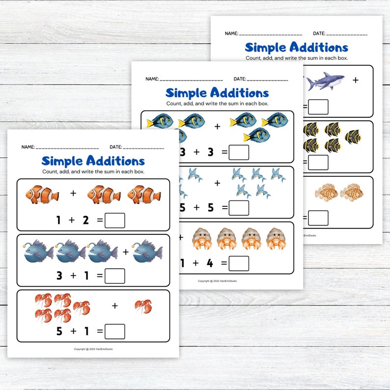 Sea Animal Simple Addition Worksheets for Preschoolers and ...