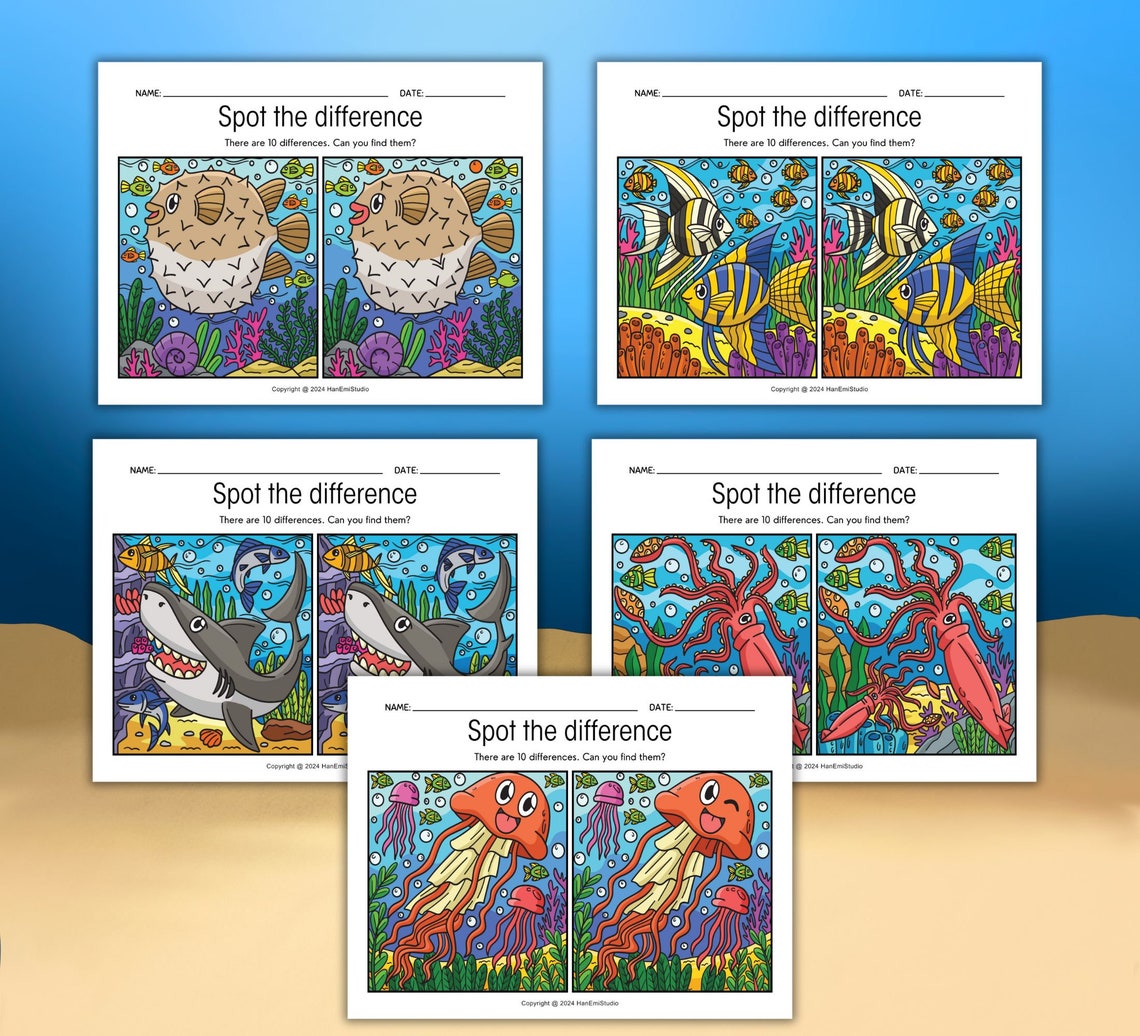 10 Sea Animal Spot the Difference Worksheets Difficult Version for Kids ...