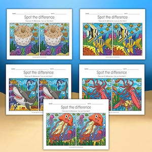10 Sea Animal Spot the Difference Worksheets Difficult Version for Kids ...