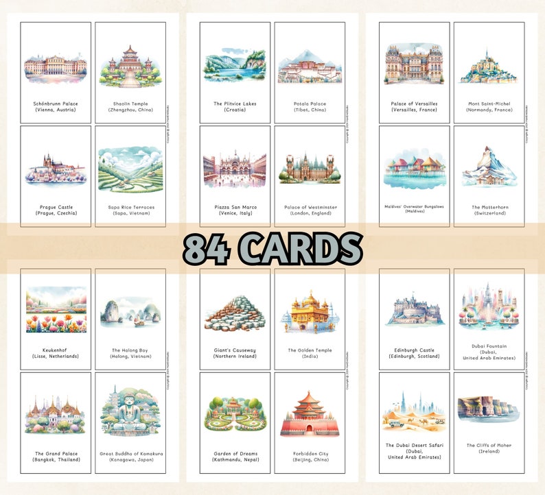 84 World Famous Landmarks Flashcards, Famous Places, Printable ...