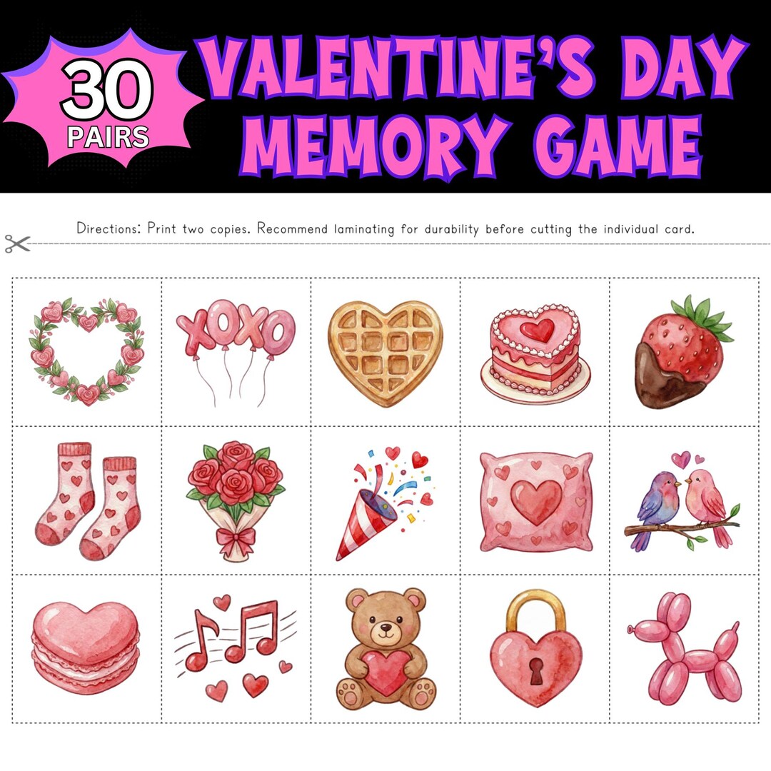 Valentine’s Day Memory Match Game; 30 Pairs Printable Matching Cards ...