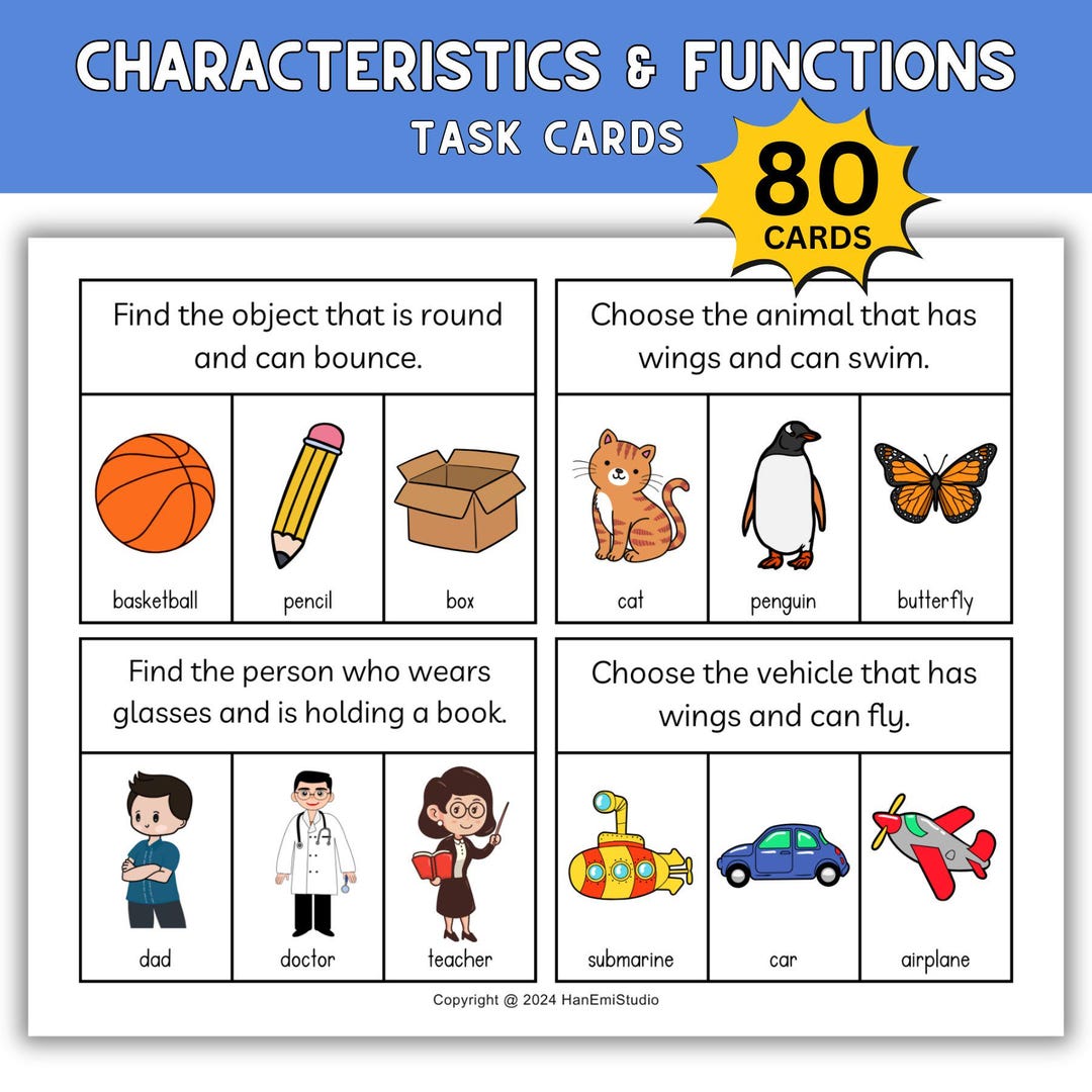 80 Characteristics and Functions Matching Task Cards; WH Questions ...