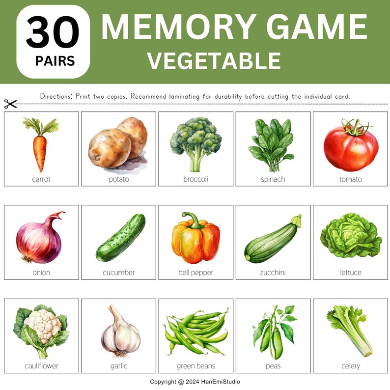30 Pairs Vegetable Memory Game; Vegetable Matching Cards; Vegetable ...
