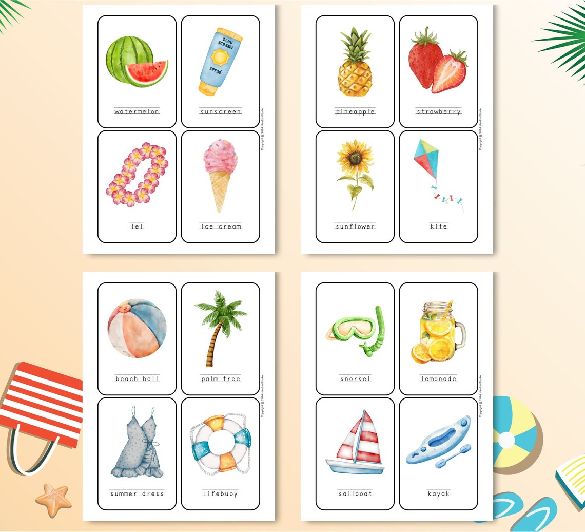 68 Watercolor Summer Vocabulary Flashcards for Kids, Kids Learning ...