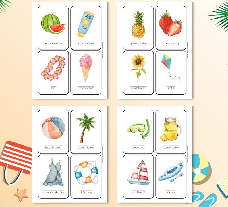 68 Watercolor Summer Vocabulary Flashcards for Kids, Kids Learning ...