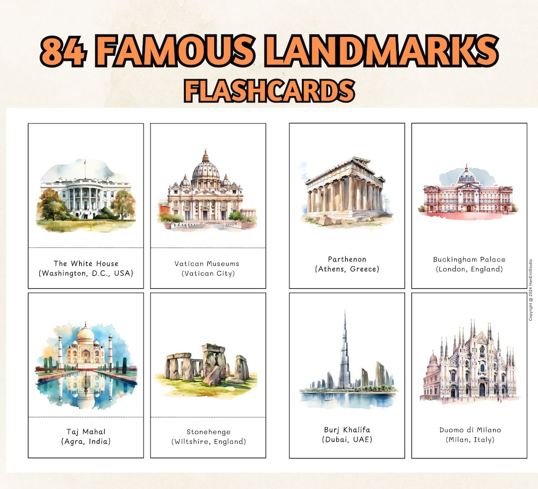 84 World Famous Landmarks Flashcards, Famous Places, Printable ...