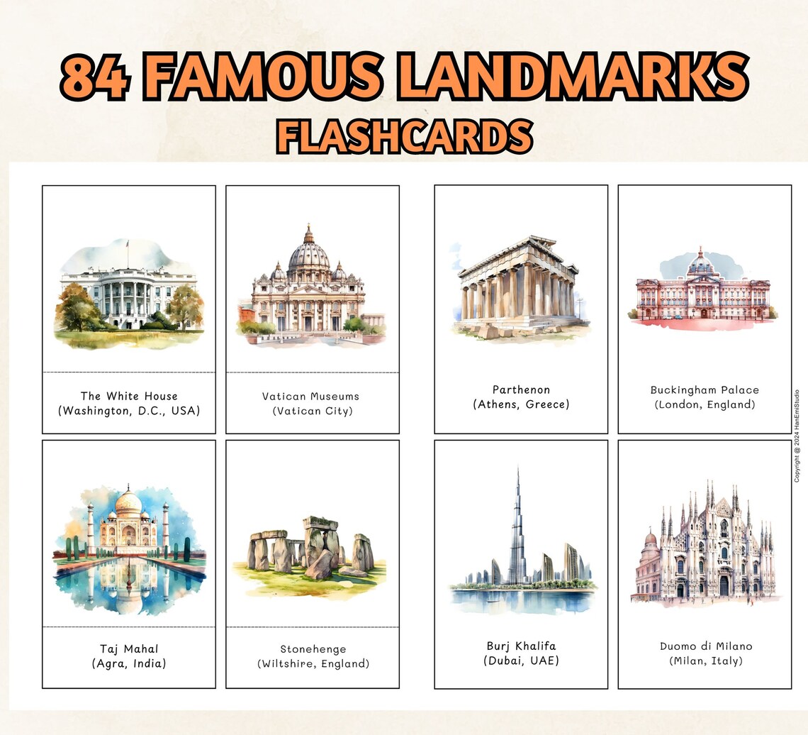 84 World Famous Landmarks Flashcards, Famous Places, Printable ...