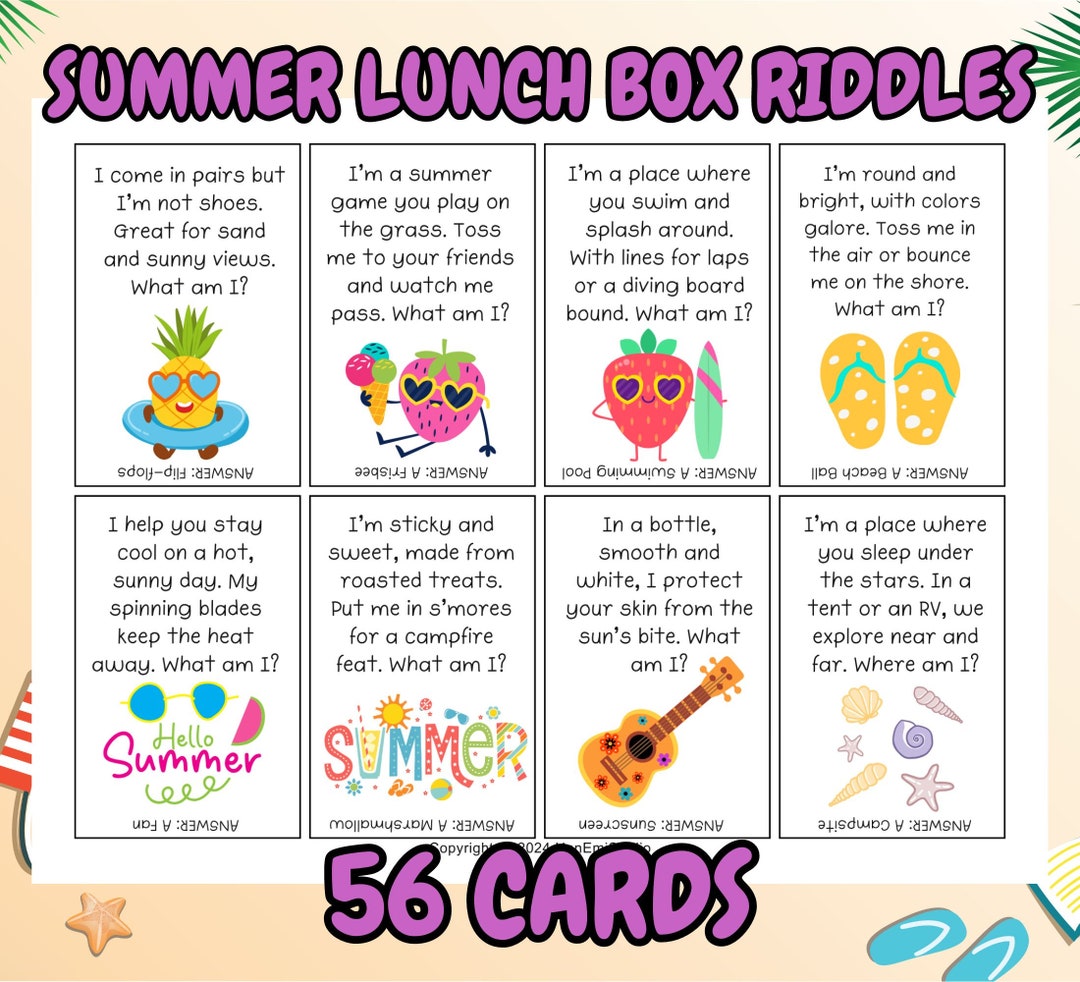 56 Summer Lunch Box Riddles for Kids; Lunch Box Notes; Riddles for Kids ...