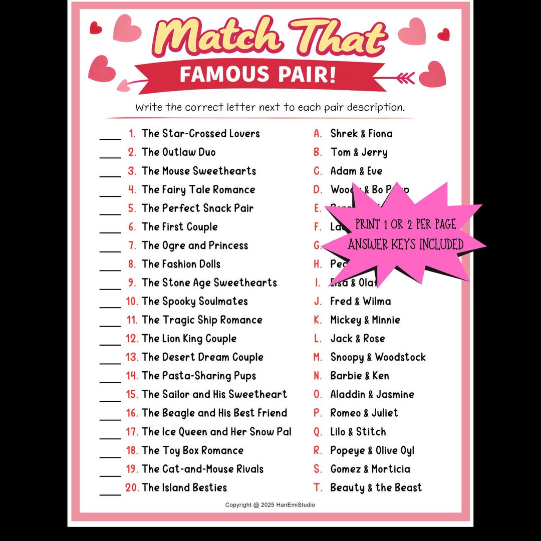 Match the Famous Pair Trivia Game for Kid; Valentine Party Game ...
