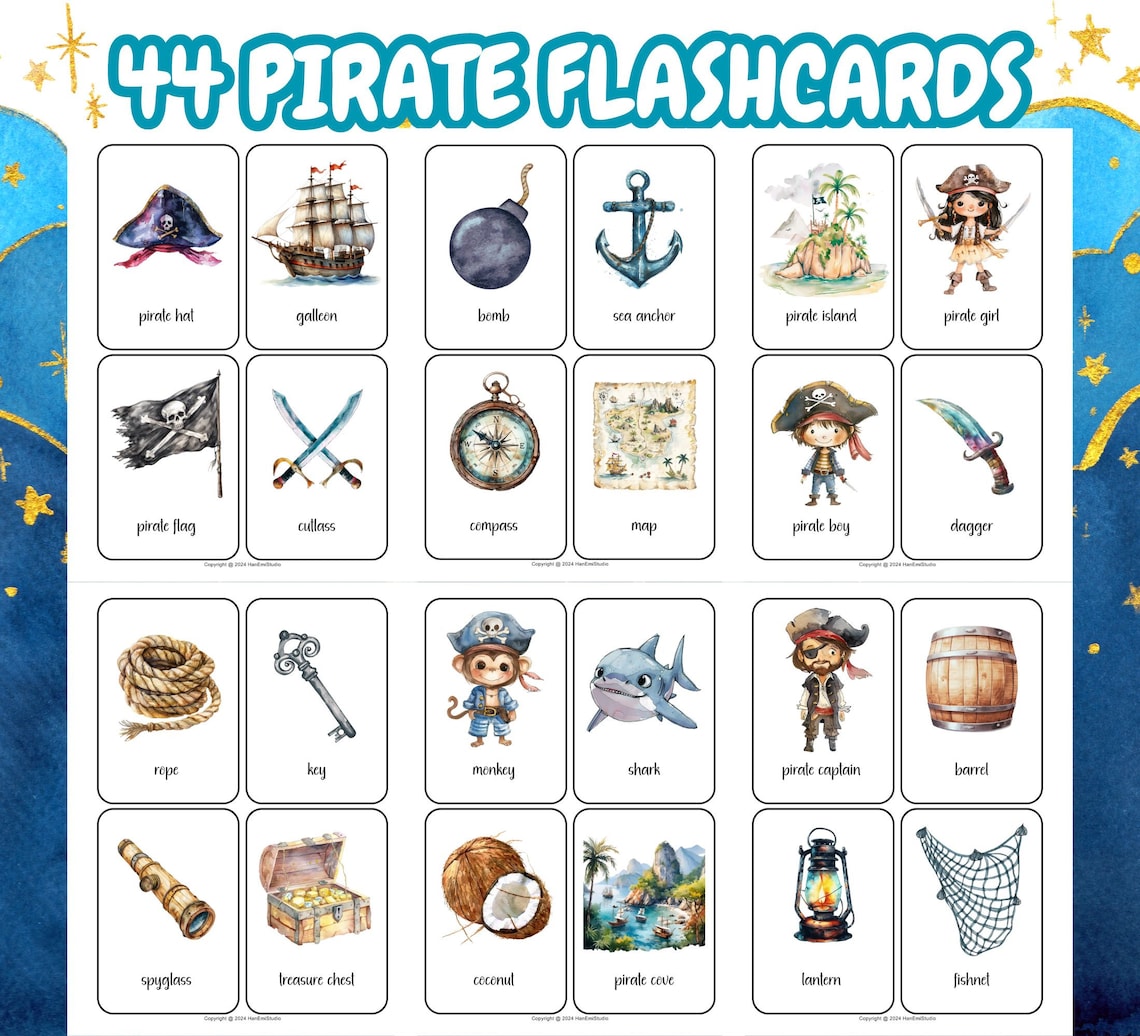 44 Watercolor Pirate Vocabulary Flashcards for Kids; Kids Learning ...